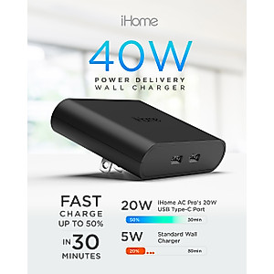 iHome Multiport USB-C Charger : AC Pro 2-Port Flat USB C Charger Block, Double USB C Wall Charger, Fast Charging Compatible USB-C Wall Charger (Black)