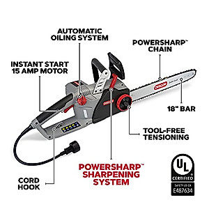 Oregon CS1500 18-inch 15 Amp Self-Sharpening Corded Electric Chainsaw, with Integrated Self-Sharpening System (PowerSharp), 2-Year Warranty, 120V