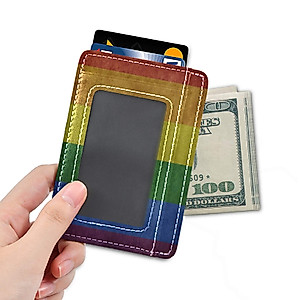 Linomo Thin leather Card Holder and Money Clip Vintage Rainbow Flag LGBT Wallet RFID Blocking for Men & Women