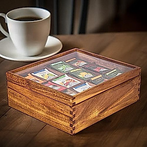KITEISCAT Acacia Wood Tea Organizer Box - 12 Compartments, Multi-Functional Tea Bag Storage Solution