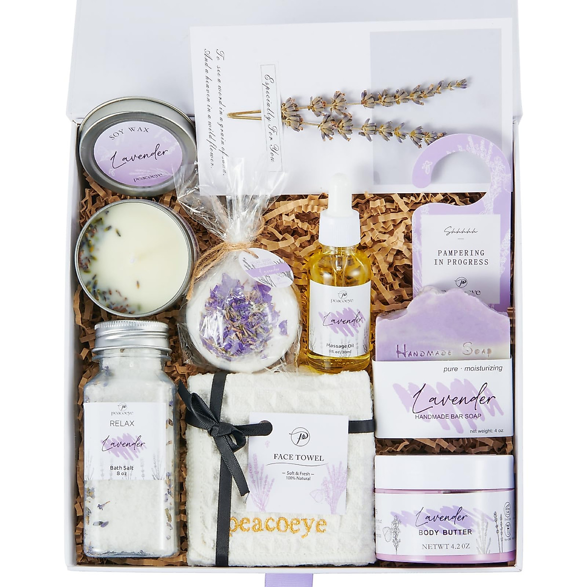 Peacoeye Gifts for Women Spa Lavender Bath Gift Baskets Mothers Day Gifts Relaxing Self Care Gift for Mom Her Sister Wife Auntie Home Bath Kit Care Package Birthday Friendship Gift Ideas