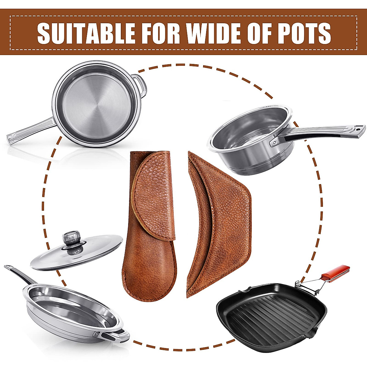 6 Pieces Cast Iron Handle Cover Handmade Thick Skillet Handle Cover Full Grain Frying Pan Handle Sleeve Rustic PU Leather Hot Handle Holder Double Layered Leather Handle Cover Assist Grip for Kitchen