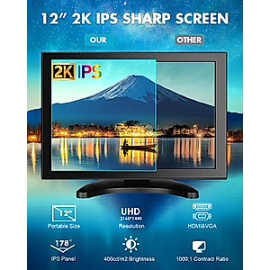 Eyoyo 2K Small Monitor 12 Inch QHD 2160x1440, Thin IPS HDMI Screen CCTV Security Monitors VGA Portable Monitor for Laptop PC Computer PS4 PS5 Switch 4B/3B+/3B Windows 7/8/10