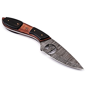 TMBrands Damascus Hunting Knife, Fixed Blade Knife & Camping Knife with Rose Wood & Buffalo Horn Handle & Knife Sheath