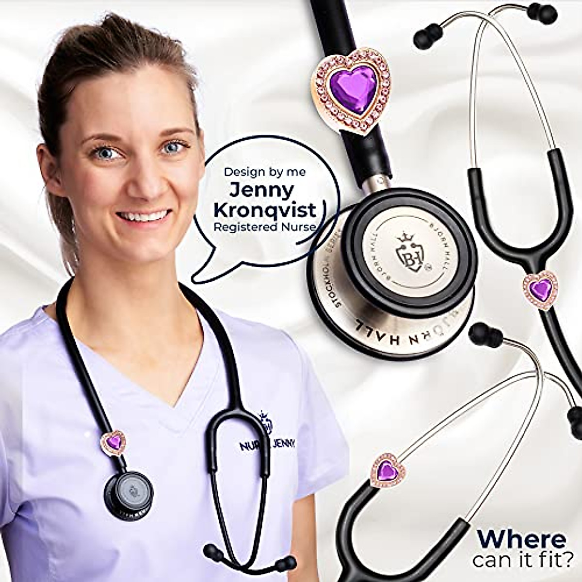 BJÖRN HALL Stethoscope Heart Charm | Fits littmann Classic III | Perfect Nurse Accessory for Work | Charmed Purple Love Heart Crystal Bling | Perfect Gift- Nurse RN RT Vet | Rose Gold - Purple Heart
