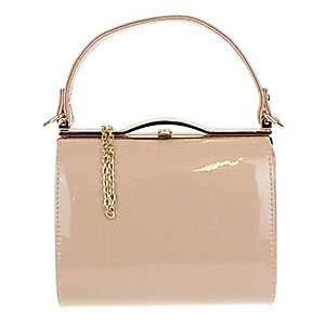 Girly HandBags Glossy Patent Faux Leather Clutch Bag Handle Closure Evening Handbag Nude