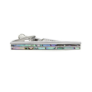MENDEPOT Classic Rhodium Plated Two Line Abalone Tie Clip With Box Abalone Stripe Tie Bar