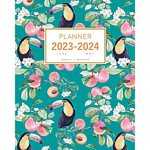 Planner 2023-2024: 8x10 Weekly and Monthly Organizer Large from June 2023 to May 2024 | Vintage Rose Wildflower Berry Design Teal