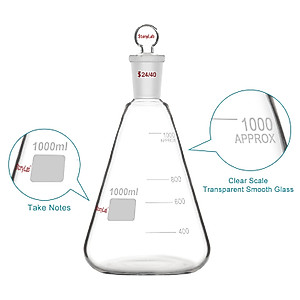 stonylab Glass 24/40 Erlenmeyer Flask with Stopper, 1000 ml Borosilicate Glass Heavy Wall Flask with 24/40 Standard Taper Outer Joint and Glass Stopper