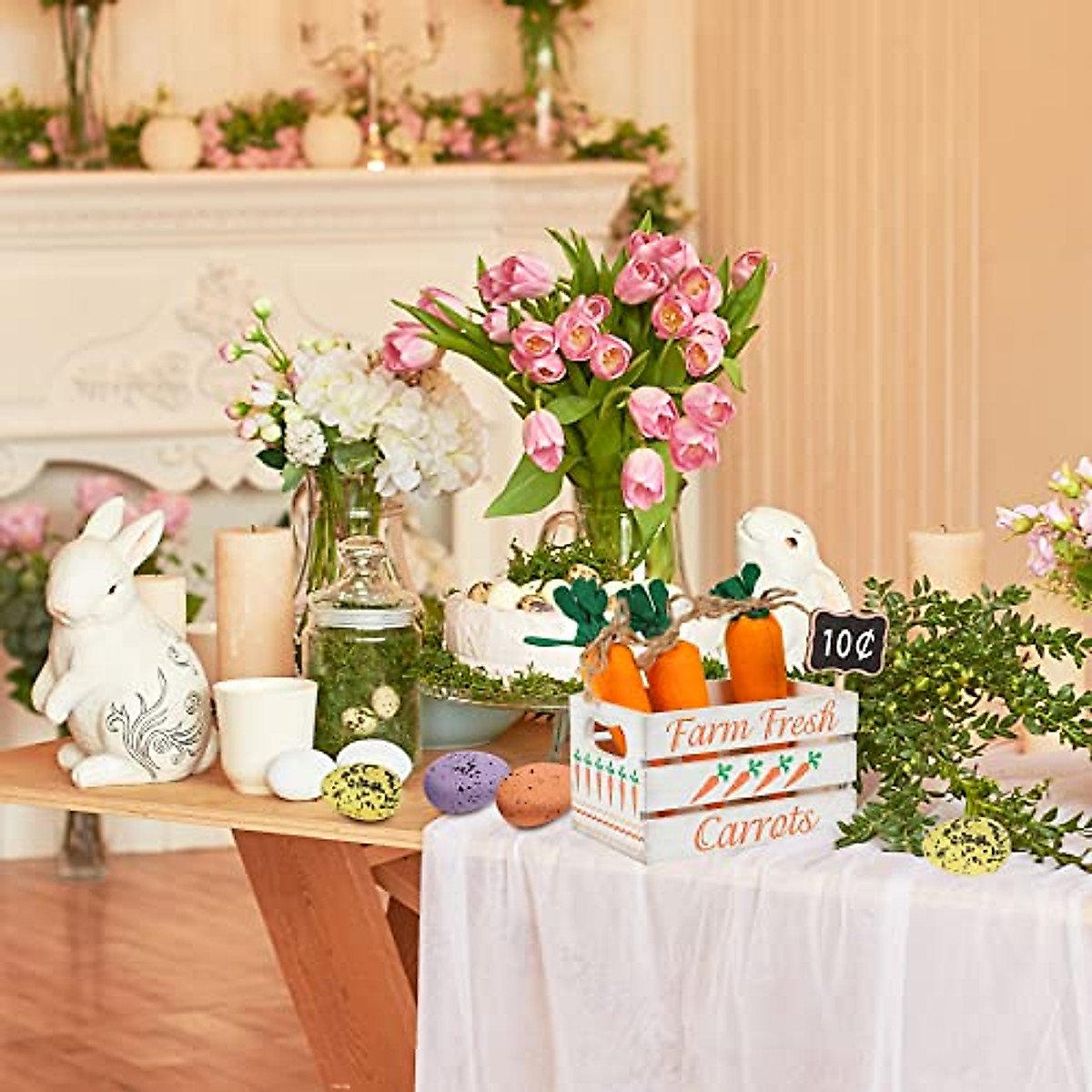 Easter Wooden Storage Crates Spring Mini Crate Decorations Easter Tiered Tray Decor Rustic Farmhouse Wood Box with Decorative Eggs Carrots for Easter Spring Home Decor Table Centerpiece