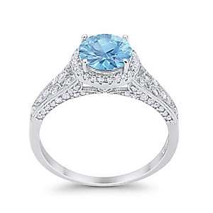 Blue Apple Co. Art Deco Vintage Style Wedding Ring Round Simulated Aquamarine Cubic Zirconia 925 Sterling Silver Size-7