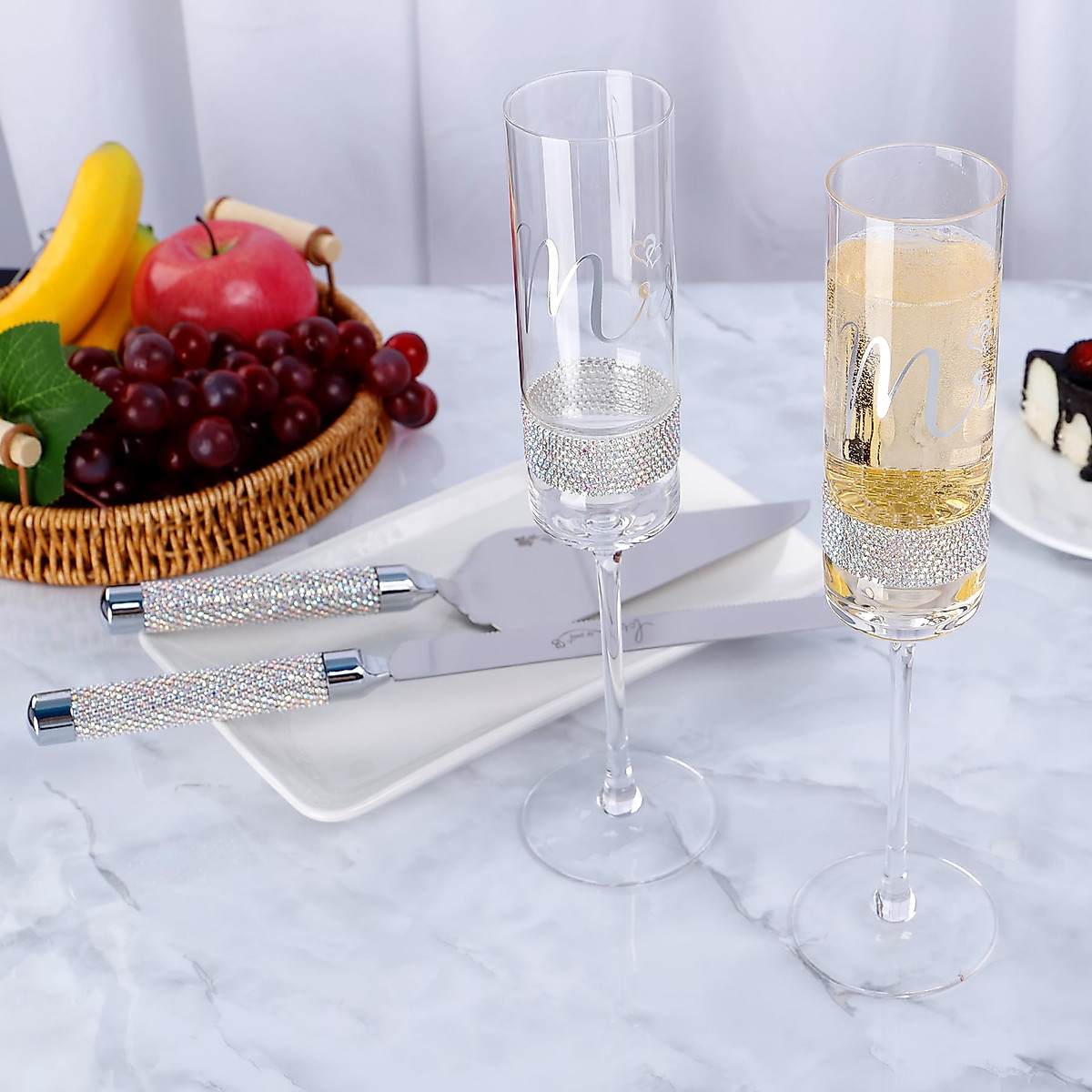 VARLKA Wedding Cake Knife and Server Set, 8oz Crystal Mr and Mrs Champagne Flutes, Wedding Glasses for Bride and Groom, Cake Cutting Set for Wedding, Engagement Gifts