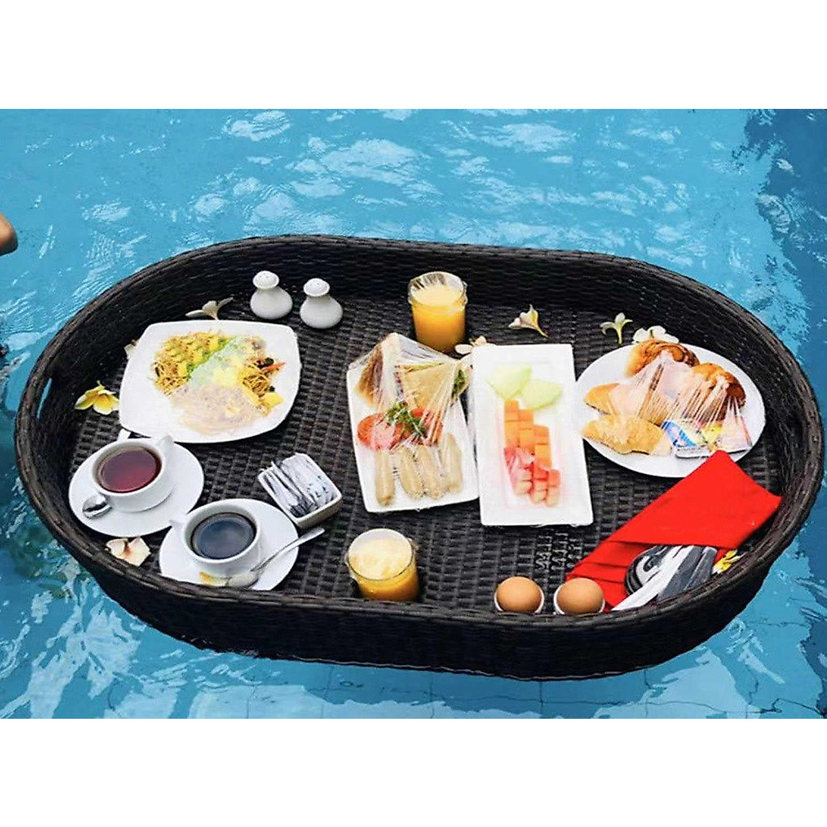 Rattan Floating Tray - Extra Large Pool Serving Basket for Drinks, Brunch, Food - Wedding Photography Accessory - Water Floats - Deluxe Design