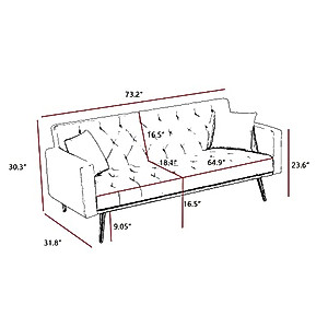 hansones Convertible Velvet Futon Sofa Bed,Sleeper Sofa Couch with Two Pillows and Golden Metal Legs for Living Room (Green)