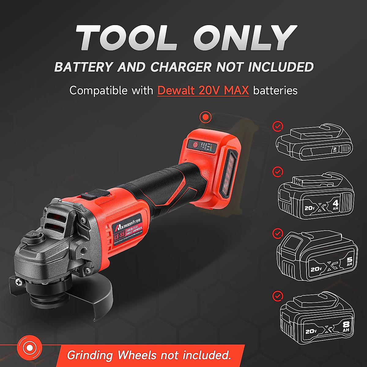 Mxmoonfree 4-1/2" Cordless Angle Grinder, Electric Angle Grinder Compatible with Dewalt Battery (Battery Not Included) for Grinding, Cutting, Polishing and Carving, Tool Only