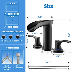 Waterfall Bathroom Faucet, WaterSong 3-Hole 8 Inch Bathroom Sink Faucet for 360-Degree rRotation, 2-Handle Vanity Faucets with Supply Lines, Widespread Spout Faucet for RV Bathroom Sink, Matte Black