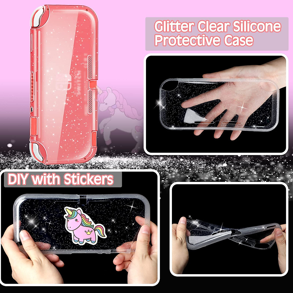 Pink Unicorn Carrying Case Compatible with Nintendo Switch Lite with Crystal Glitter Soft Protective Case Cover+Screen Protector+Stickers, Hard Storage Case Accessories Kit for Girls Birthday Gift