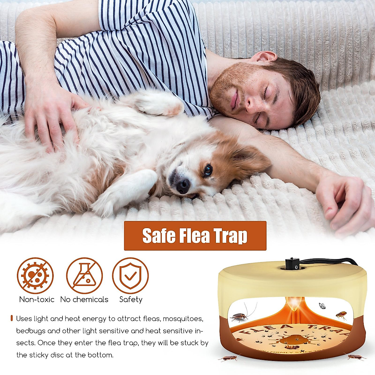 2Pcs Flea Traps for Inside Your Home Flea Bombs for Home Flea Trap Indoor with 4 Sticky Disc&6 LED Bulbs&2 Electric Wires Pet&Kid Safe,Odorless Flea Catcher Sticky Bed Bug Trap for Home (Yellow)