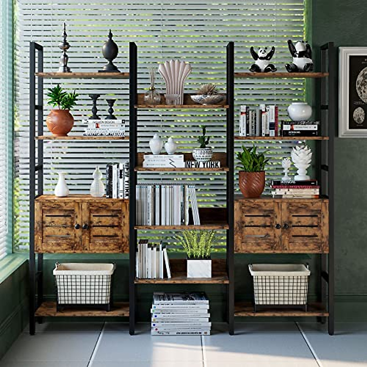 IRONCK Industrial Bookshelf and Bookcase with 2 Louvered Doors 5 Tiers Triple Wide Display Shelf with Storage Cabinet for Living Room Home Office