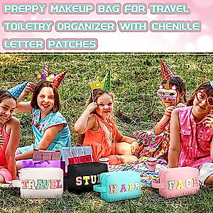 Cunno 4 Pieces Large Preppy Makeup Bag Chenille Letter Patch Makeup Bag 11x8x5 inch Nylon Cosmetic Bag Portable Zipper Face Bag Cute Girls Toiletry Bag for Women Travel (Letter Patches)