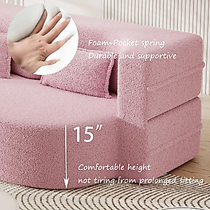 KEIKI Modern Floor Sofa with 2 Pillows,Convertible Teddy Fabric Foam-Filled Sleeper Sofa Bed,15" Full Size Folding Mattress for Living Room, Guest Bed, Playroom,no assembly required,Pink