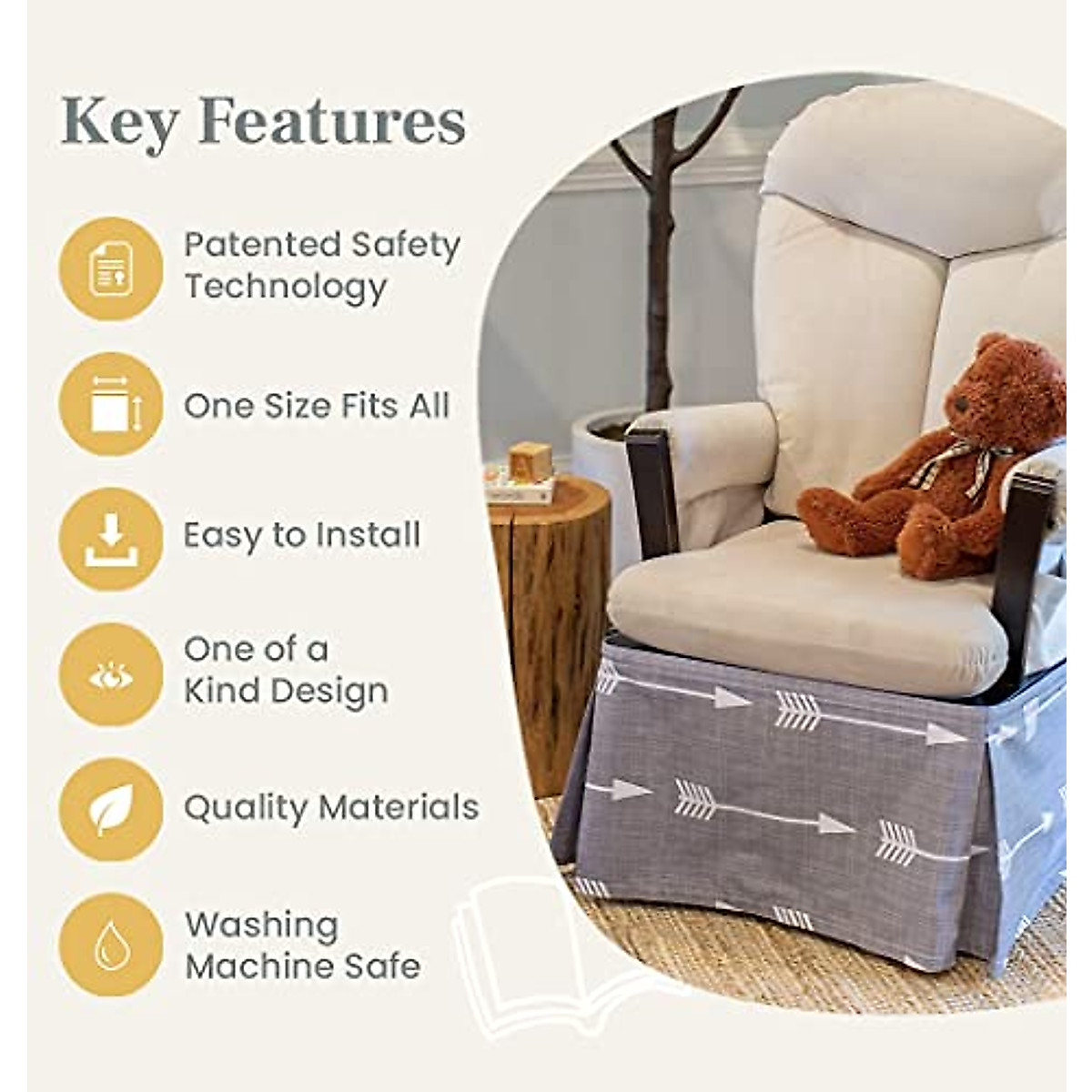 Glider Skirt, Universal Fit Safety Skirt for Glider Chair and Ottoman for Nursery, Baby Proofing Pinch Guard, Glider Chair and Ottoman Sold Separately, Slate Arrow Style