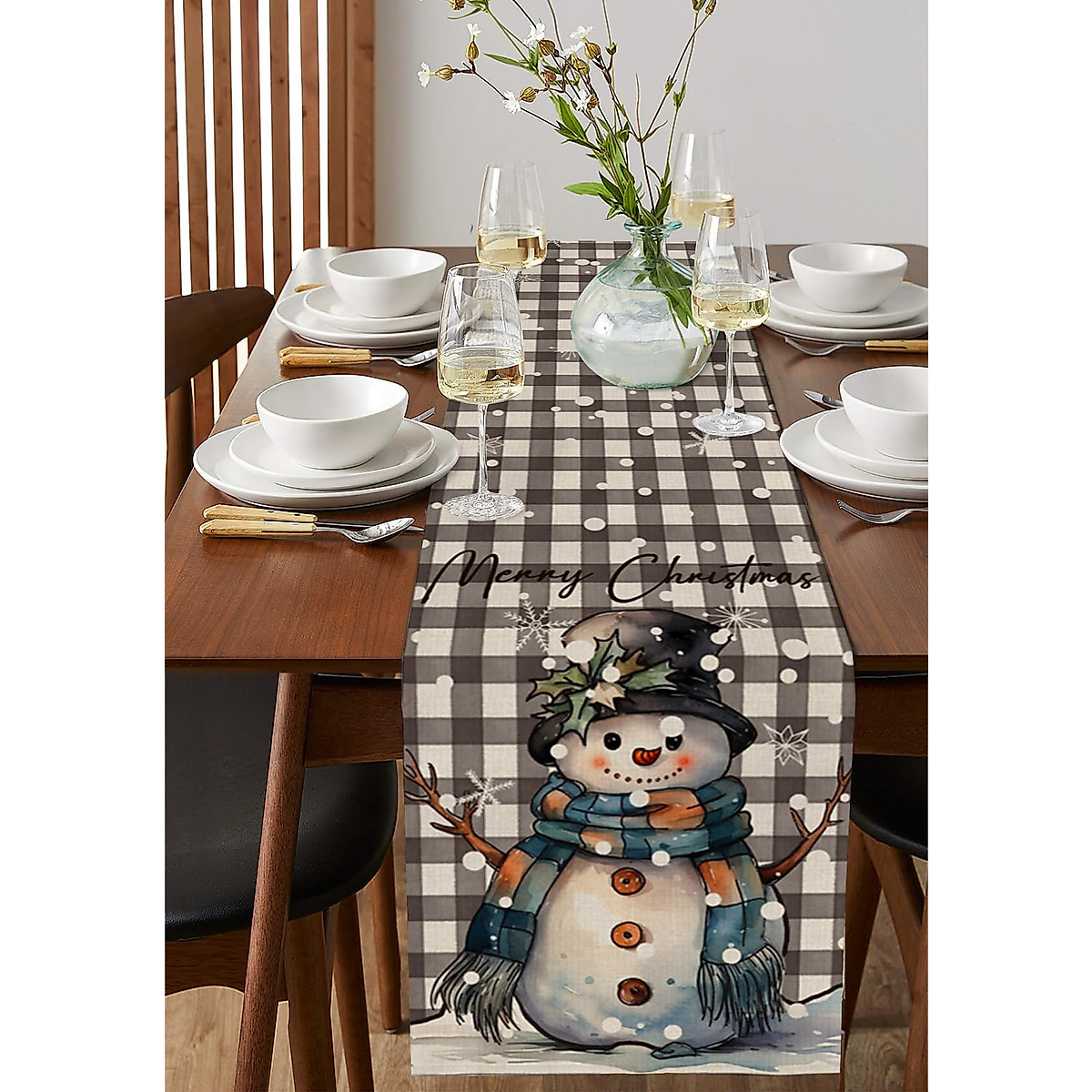 Christmas Snowman Table Runner 36 Inches Long Farmhouse Dress Scarves, Black and White Checkered Winter Snowflake Dining Tablerunner for Coffee Table/Kitchen Island/Party Décor, Small 13" x 36"