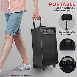 Pyle 800 Watt Outdoor Portable Wireless PA Loud speaker - 10'' Subwoofer Sound System with Charge Dock, Rechargeable Battery, Radio, USB / SD Reader, Microphone, Remote, Wheels - PWMA1090UI