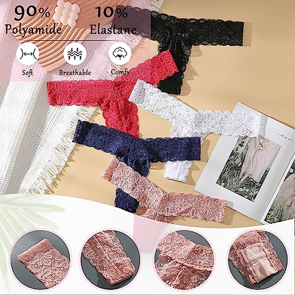 Cinvik Women's Lace Thongs, T Back Sexy Thong Underwear Womens Seamless Lace Panties V-Shape Lace Tanga 6 Packs 3XL