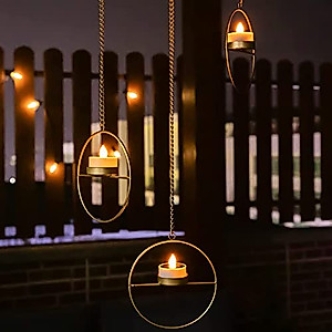 Solar Hanging Candle Lanterns Lights, ALL FORTUNE Outdoor Round Golden Metal Candle Lantern Holder with Flameless Tea Lights, Perfect for Garden, Backyard Decor, Home, Tree, Yard-Set of 3