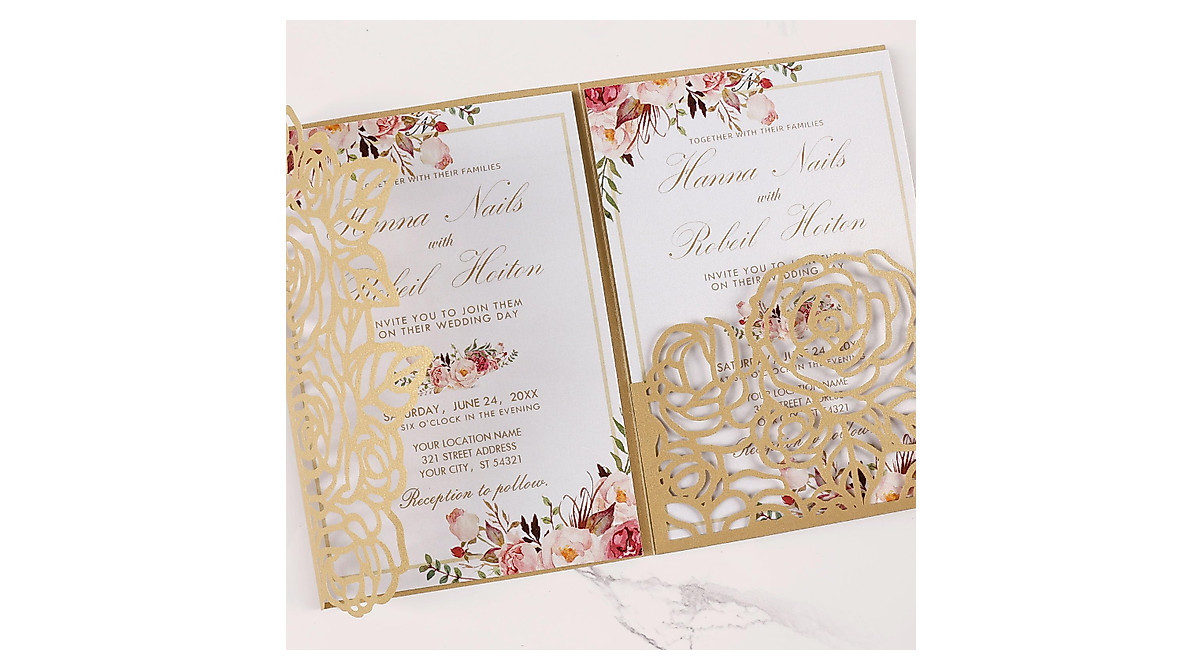 Elegant Gold Laser Cut Wedding Invitation Kit – 50 Pcs