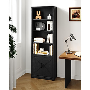 Hzuaneri 5 Tier Bookshelf Bookcase with Cabinet Doors, 70 in Tall Wooden Bookshelves, Display Storage Shelves, Floor Standing Book Shelf Furniture for Home Office, Living Room, Bedroom, Black BC20104X