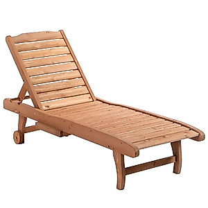 Outsunny Chaise Lounge Chair Outdoor Wooden Pool Lounge Chair with 3-Level Adjustable Backrest, Built-in Table and Rolling Wheels, Sun Tanning Chair for Beach Poolside Sunbathing, Brown Red