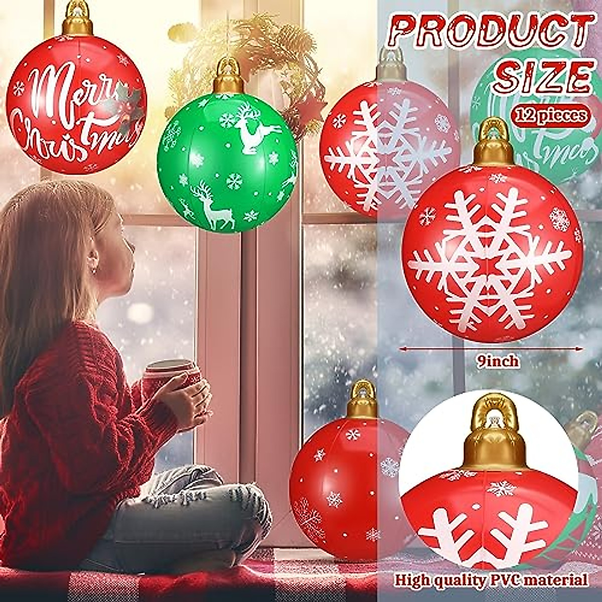 Jetec 12 Pcs 9 Inch Inflatable Christmas Ball Giant PVC Christmas Ball Ornaments Large Christmas Ball Outdoor Christmas Blow up Yard Decorations for Holiday Pool Lawn Tree Party Decor (Novel Style)