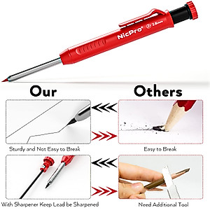 Nicpro Carpenter Pencil with Sharpener, Mechanical Pencils Set with 26 Refills, Deep Hole Marker for Construction, Heavy Duty Woodworking Pencils for Architect (Black, Red) - With Case