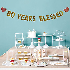 Betteryanzi Gold 80 Years Blessed Banner,Pre-strung,80th Birthday/Wedding Anniversary Party Decorations Supplies,Gold Glitter Paper Garlands Backdrops,Letters Gold 80 YEARS BLESSED