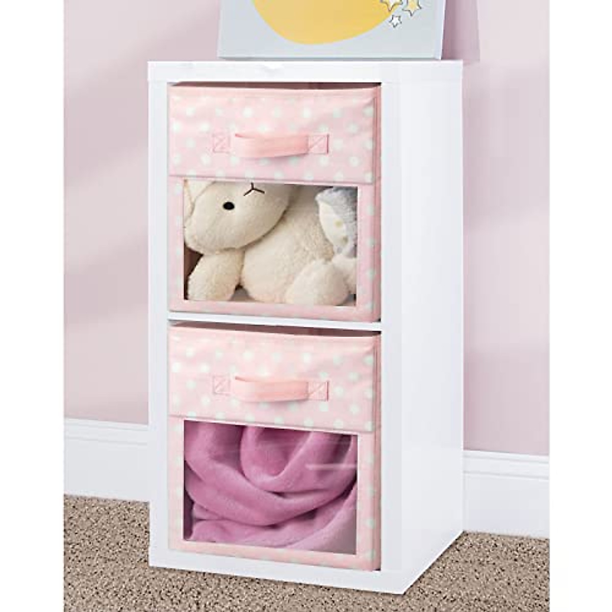 mDesign Fabric Nursery/Playroom Closet Storage Organizer Bin Box, Front Handle/Window for Cube Furniture Shelving Unit, Hold Toys, Clothes, Diapers, Bibs, 4 Pack, Pink/White Polka Dot