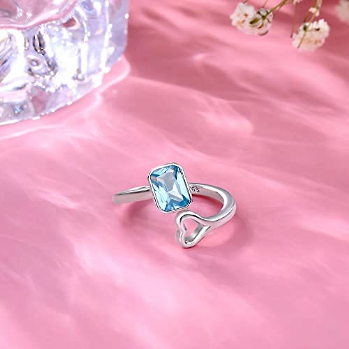 Qings Square Birthstone Adjustable Ring 925 Sterling Silver Hollow Love Heart Cubic Zirconia Aquamarine March Birthstone Open Rings Birthday Gifts for Women Girls