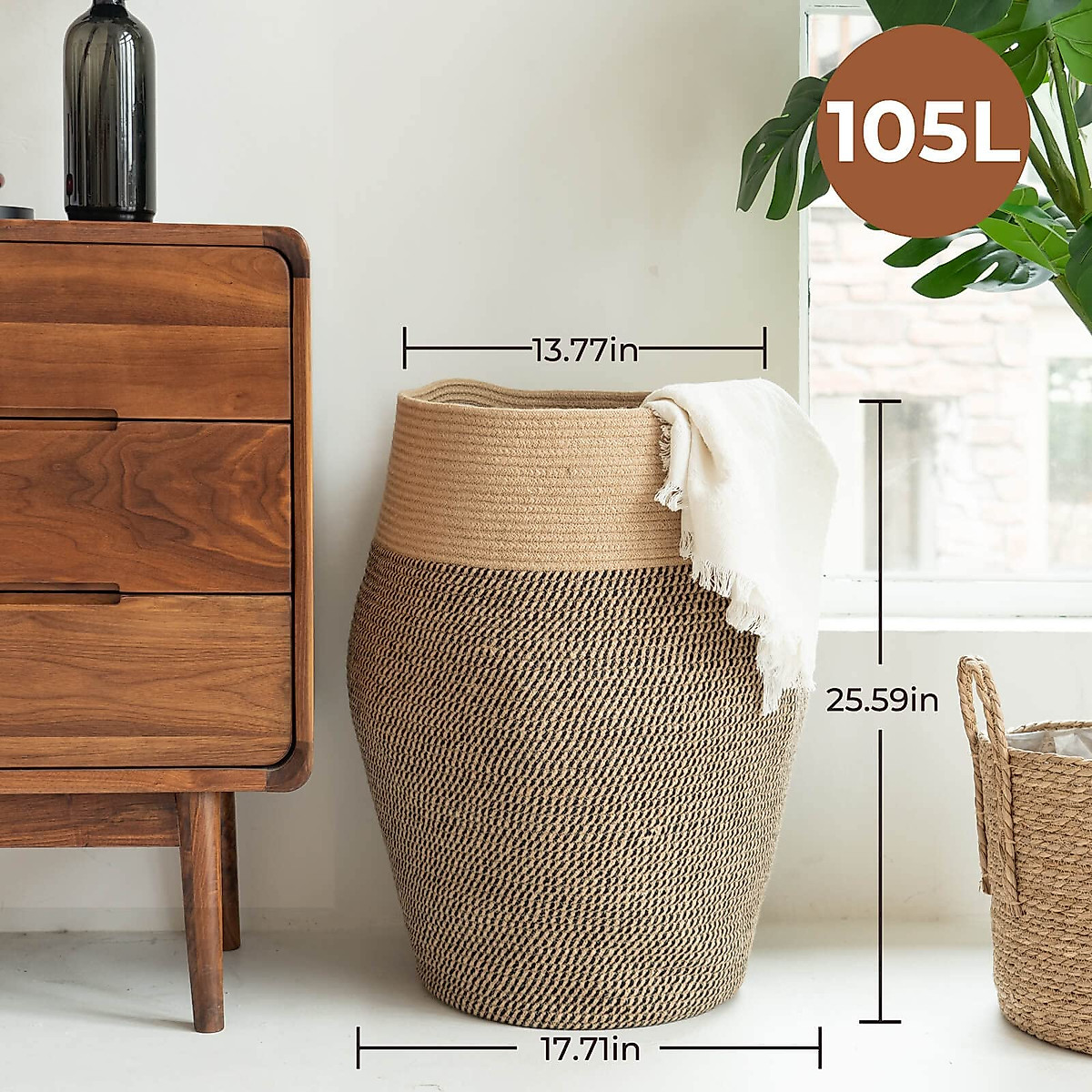 Goodpick Tall Laundry Hamper | Woven Jute Rope Dirty Clothes Hamper Modern Hamper Basket Large in Laundry Room, 25.6" Height