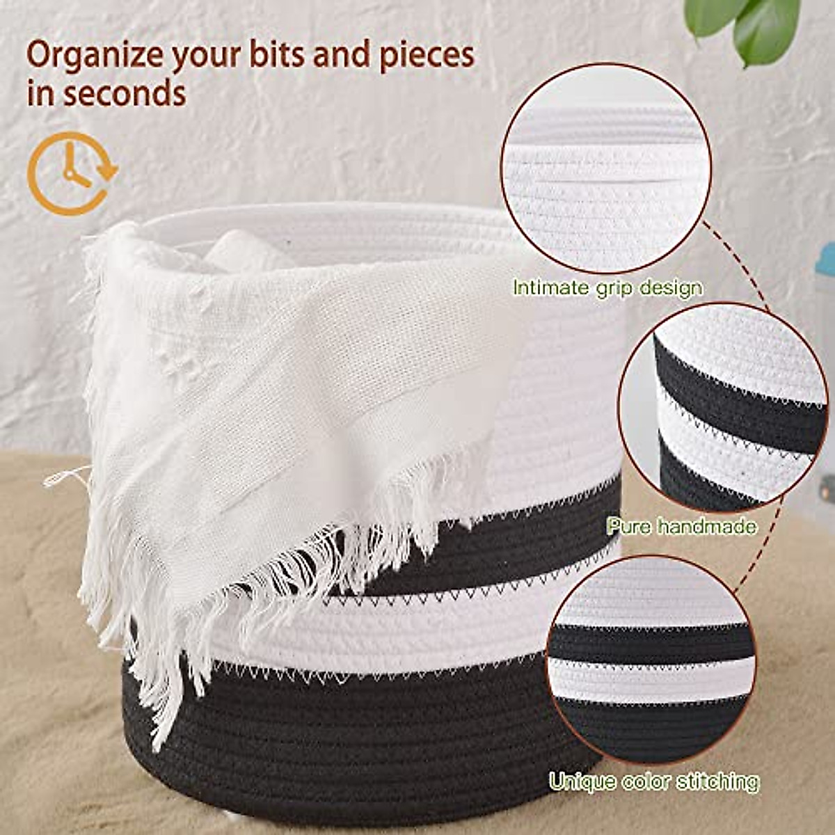 BURFERLY Mini Collapsible Laundry Hamper for Baby Pure Cotton Rope Storage Basket with Handles Dirty Clothes Hamper Storage Bins Organizer for Nursery, Laundry, Towel, Clothes (9.8''x10.2'', Black)