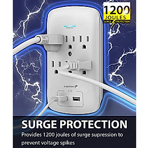 Fosmon 6 Outlet Surge Protector 1200 Joules with 2 USB Ports Charger (3.1A), Multi Plug Outlet Extender 1875 Watt, 3-Prong Grounded Wall Tap Adapter (2 Pack)