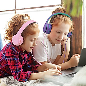 RORSOU K5 Kids Headphones with Microphone for shchool, Volume Limiter 85/94dB, Foldable Stereo Tangle-Free 3.5mm Jack Wired Cord On-Ear Headphones for Children/Boys/Girls/Kindle/Tablet/MP3/4 (Pink)