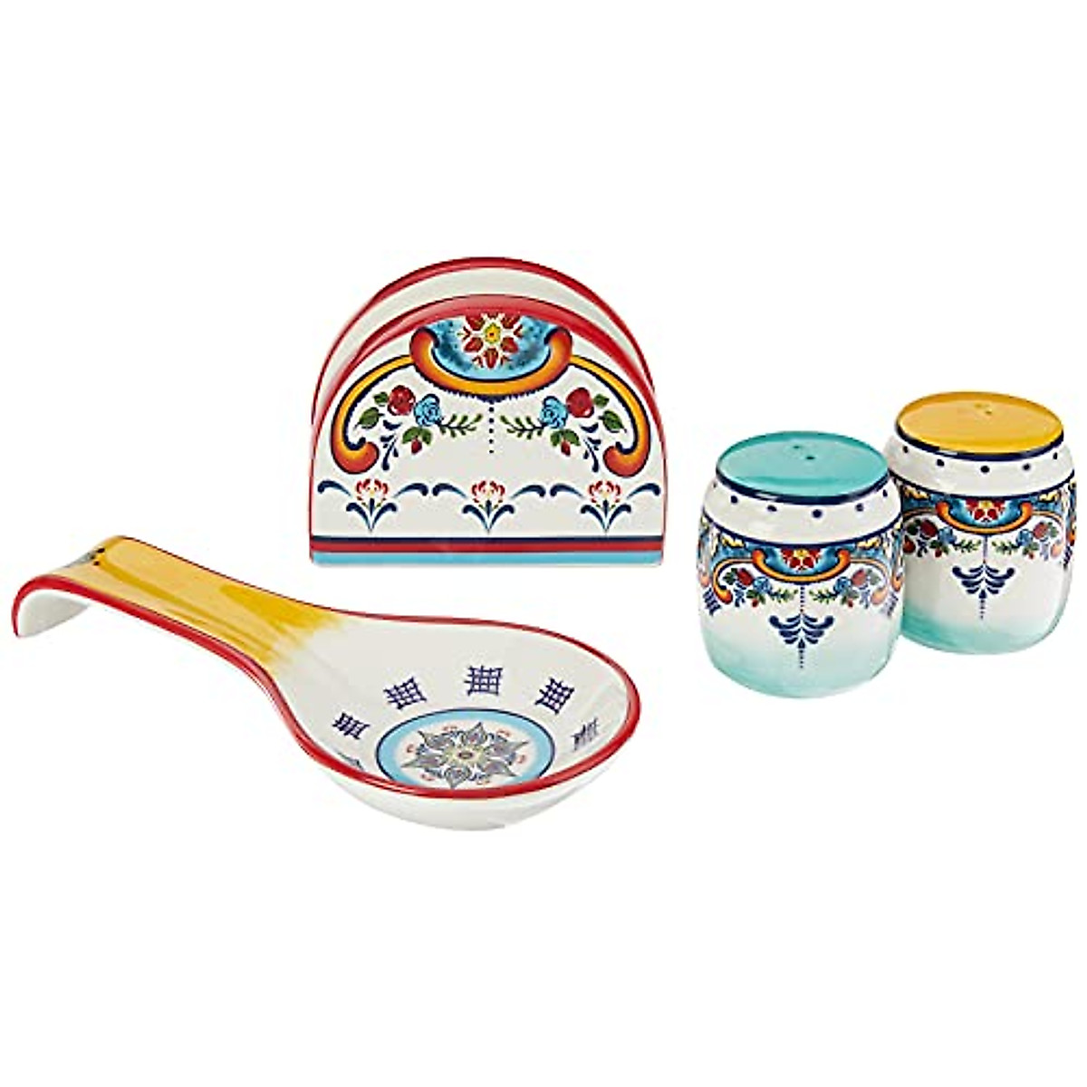 Euro Ceramica Zanzibar Collection Vibrant Ceramic Tableware Necessities, 4 Piece Completer Set, Spanish Floral Design, Multicolor