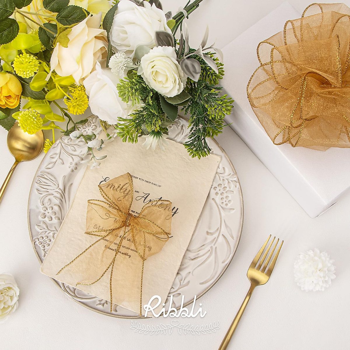 Ribbli Gold Organza Wired Ribbon, Old Gold Sheer Ribbon with Metallic Edge,2-1/2 Inch x 20 Yards Christmas Tree Ribbon for Decoration, Wired Ribbon for Large Gift Wrapping,Wedding Decoration.