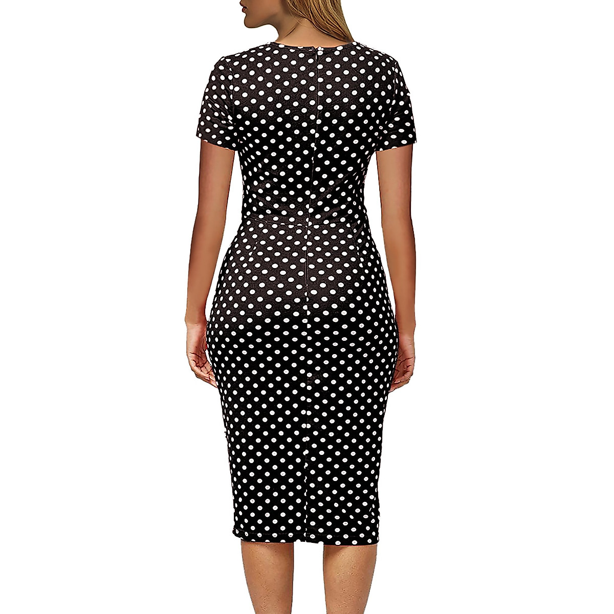 CISMARK Women's Casual Polka Dot Short Sleeve Round Neck Work Pencil Dress Black L