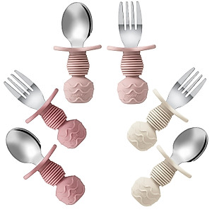 PandaEar 6 Pack Stainless Steel Toddler Spoons and Fork Feeding Set - Anti-Choke First Self Feeding Utensils for Kids Baby Girls Led Weaning Ages 18 Months+ (Pink/Beige)
