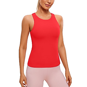 CRZ YOGA Butterluxe Womens Racerback Workout Tank Top with Built in Shelf Bra - Padded High Neck Yoga Athletic Camisole Deep Red Large