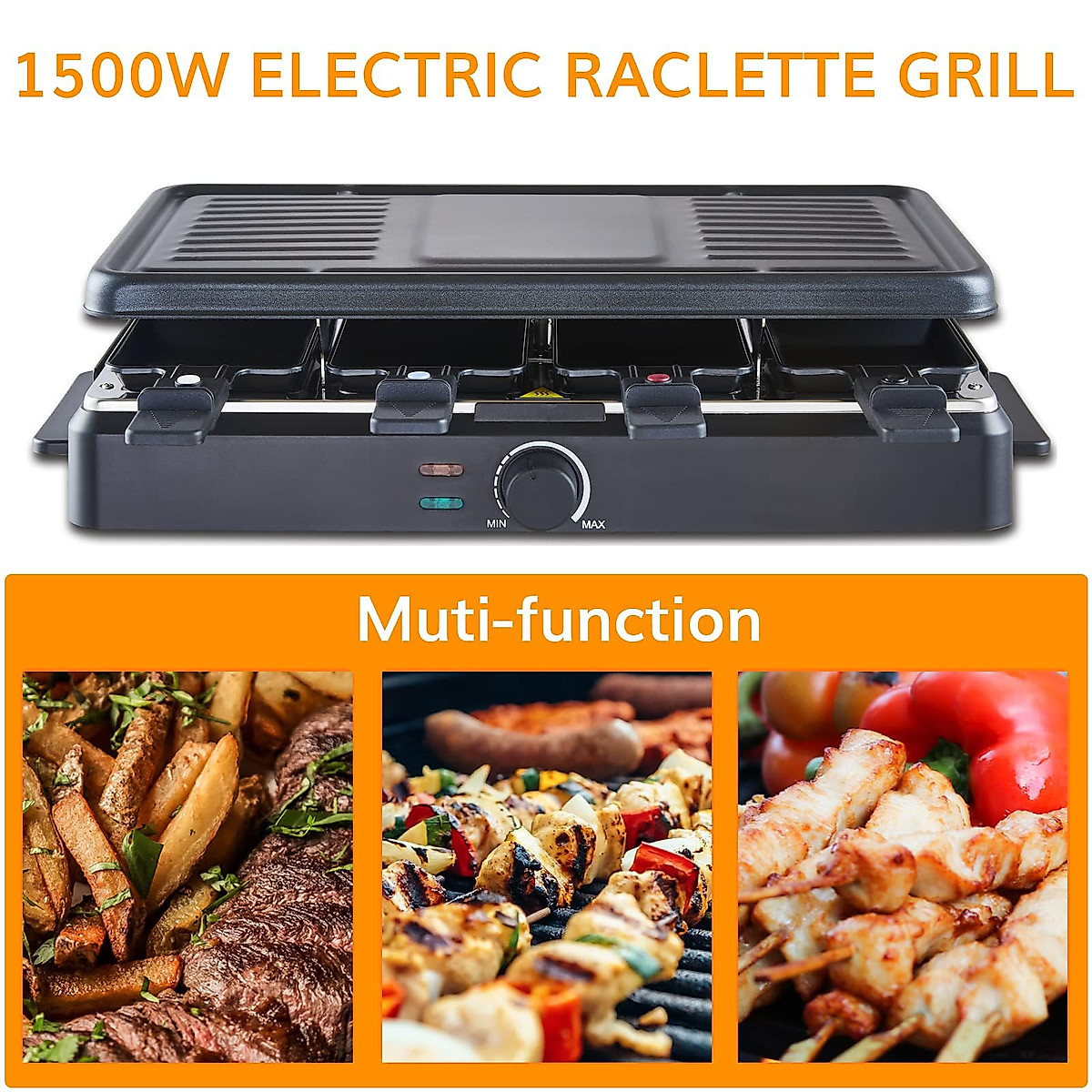 M Minca 1500 Watt Electric Raclette Grill, Korean BBQ Grill, Table Portable 2 in 1 Indoor & Cheese Raclette, Removable Hot Plate, Adjustable Thermostat, with 8 x Mini Cheese Pans & Spatulas