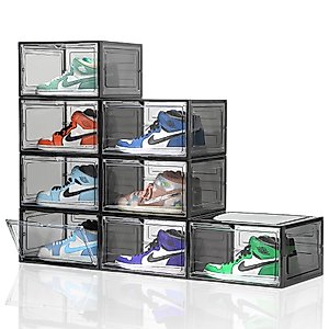 Attelite Upgraded Large Clear Shoe Storage Box Stackable, 8 Pack Thicken Plastic Shoe Containers, Drop Side Front Shoe Storage Organizer for Display Sneakers
