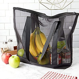 Okuna Outpost Mesh Tote Bags with Zipper for Grocery Shopping, Beach (Black, Large, 2 Pack)